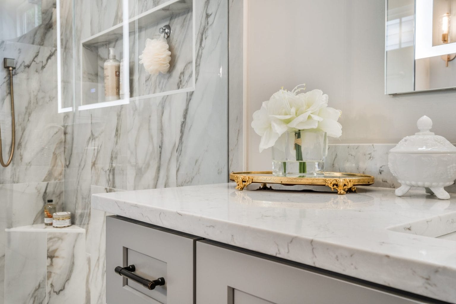 Waxhaw-Marvin Master Bathroom with Mosaic Waterfall | DGK Charlotte